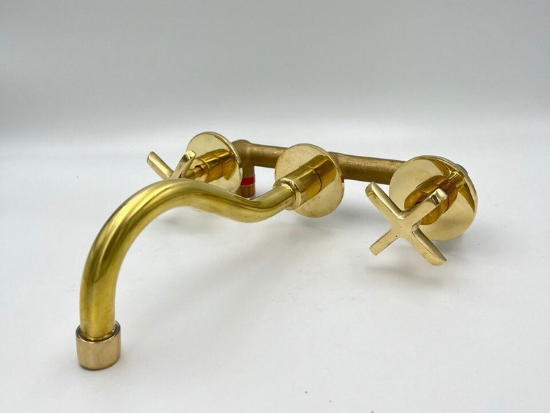 Unlacquered Brass Wall Mount Bathroom Faucet: Curved Spout, 8-Inch Rea ...