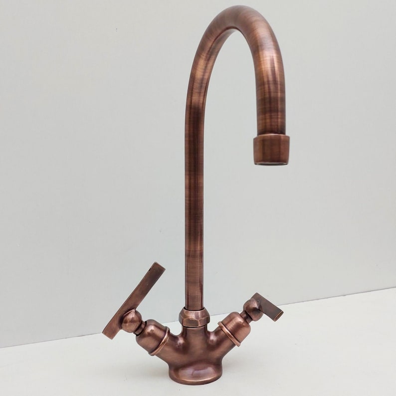 Antique Copper Finish Faucet with Gooseneck Spout & Double Lever Handl ...